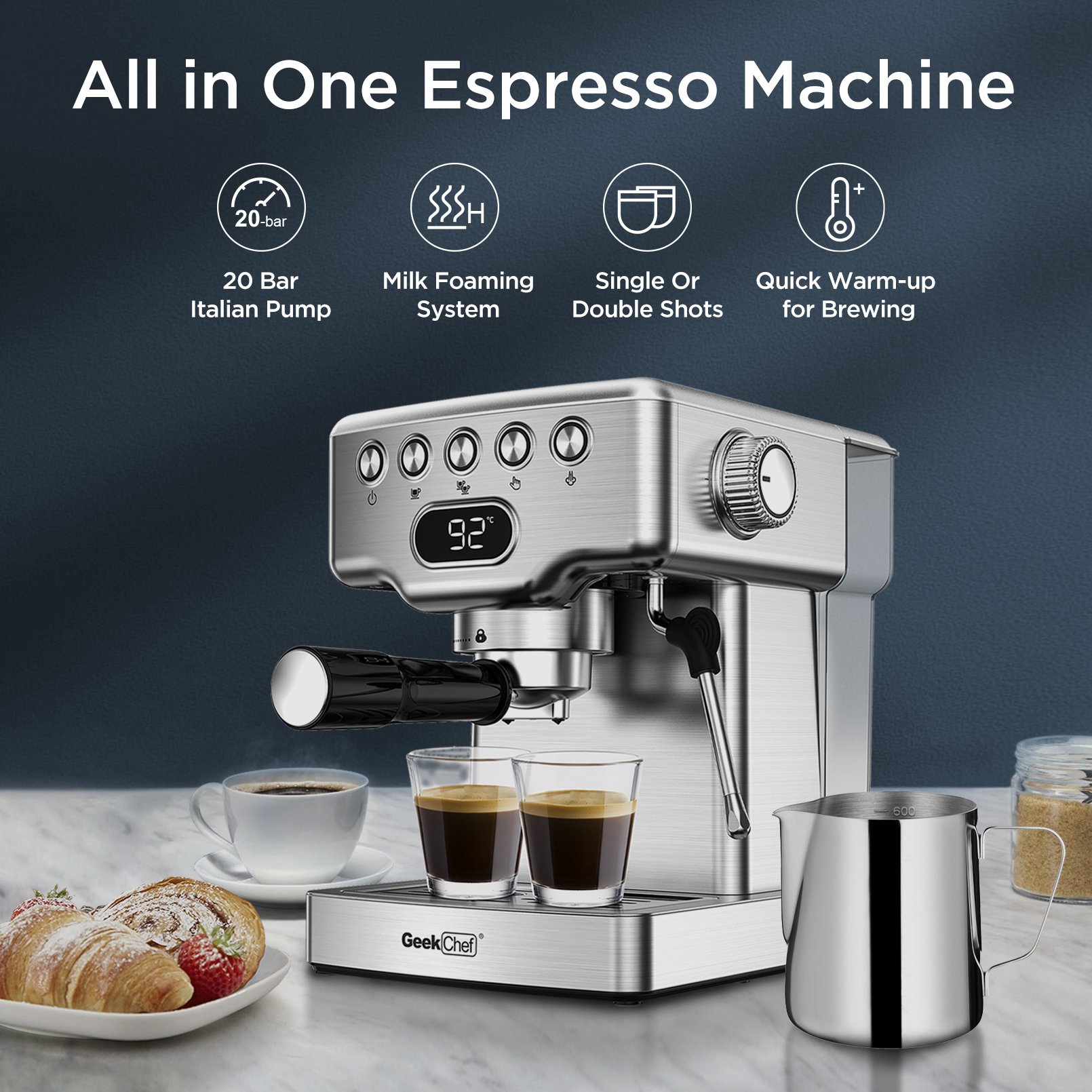 Geek Chef Espresso Machine, 20 Bar Espresso Machine With Milk Frother ...